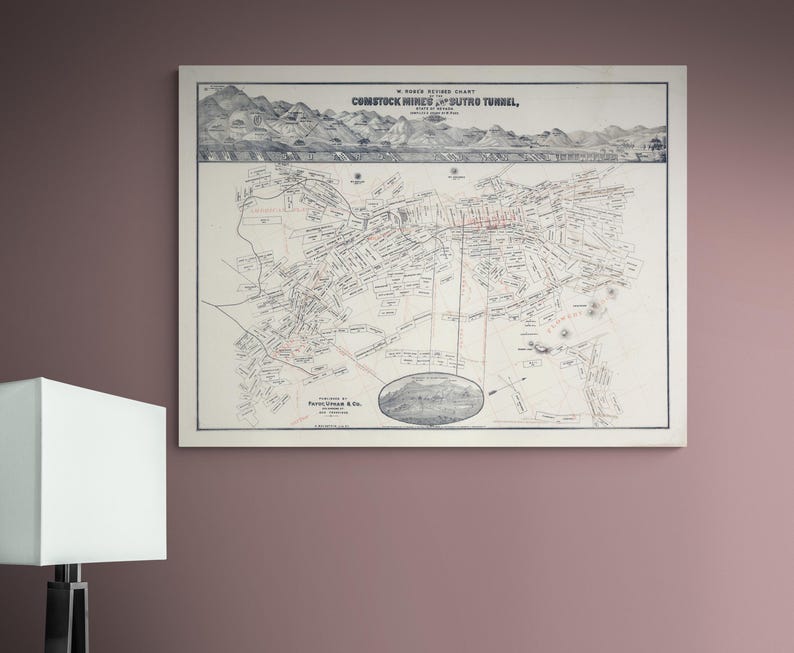 1878 Map of Comstock Lode and Sutro Tunnel Virginia City Nevada ...