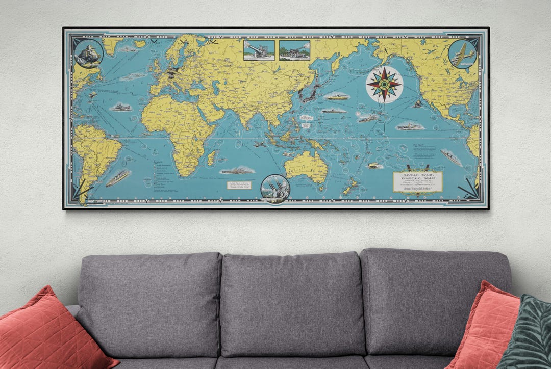 1942 Total War World Map Historical World War 2 Allies Axis Powers Geography Vintage WW2 ...