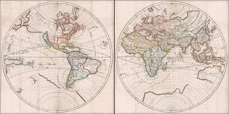 1682 Double Hemisphere Wall Map of the World Antique Historical ...