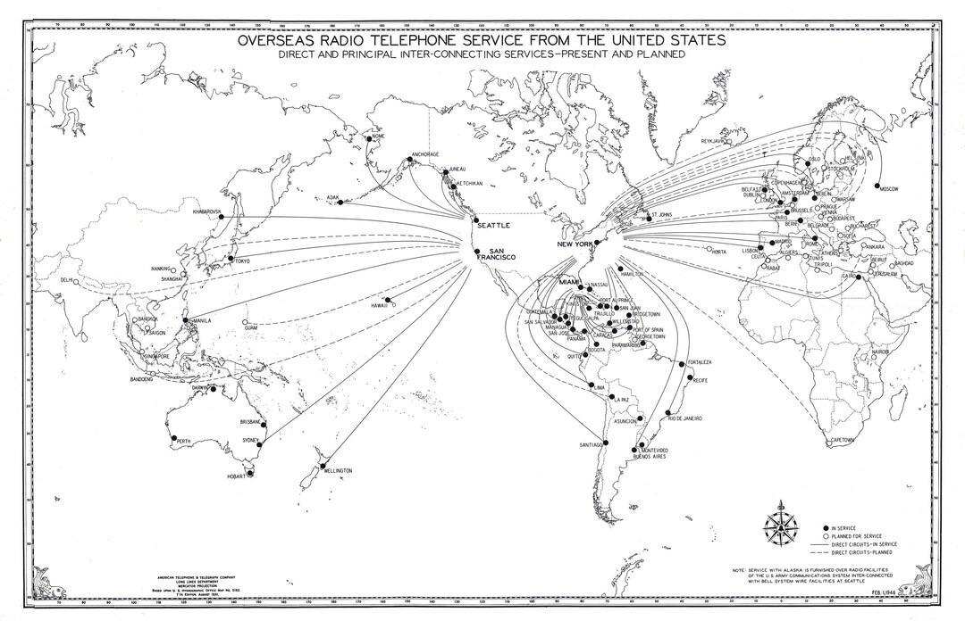 1946 Telephone and Radio Station Map of the World Vintage World ...