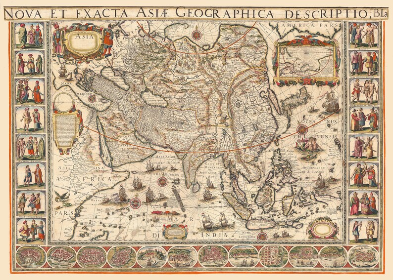 1646 Blaeu Decorative Wall Map of Asia Continent Antique Historical ...