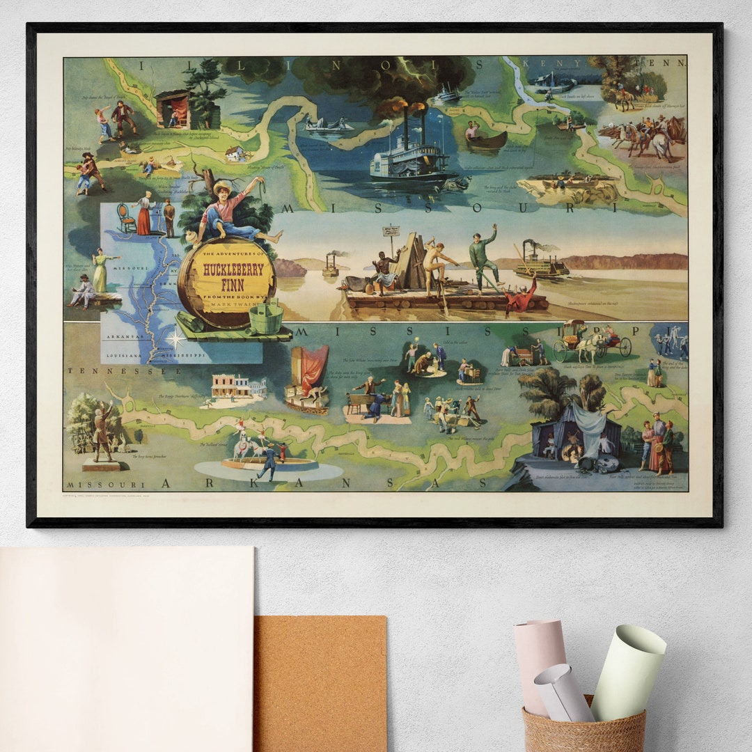 Literary Fantasy Map of Mark Twain Adventures of Huckleberry Finn Novel ...