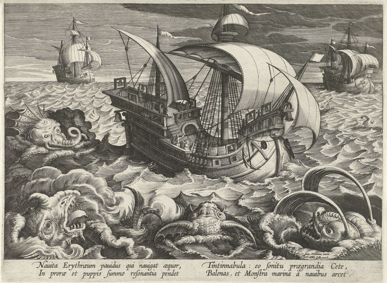 16th Century Engraving of Pirate Buccaneer Sailor Ship Surrounded by ...