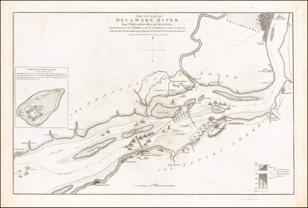1778 Revolutionary War Battle Map of the Delaware River American ...