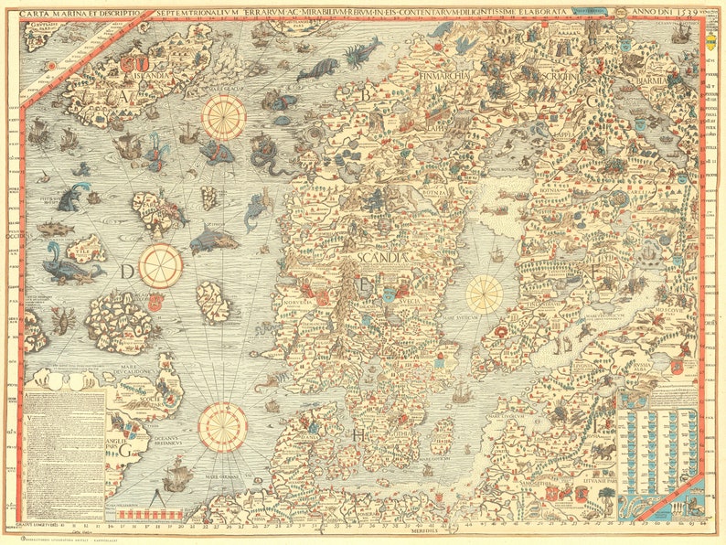 1539 Olaus Magnus Sea Monster Map of Scandinavia Sweden Denmark Finland ...
