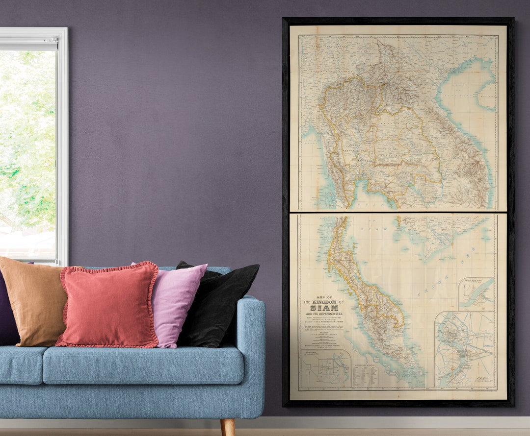 1900 Wall Map of Siam Thailand Asia Asian Thai History Antique Vintage ...