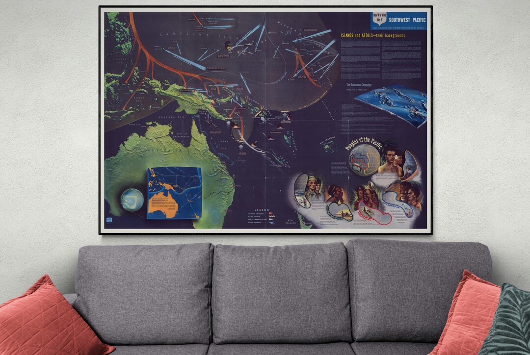 1944 Pictorial Navy Map of the South West Pacific Theatre WW2 World War ...