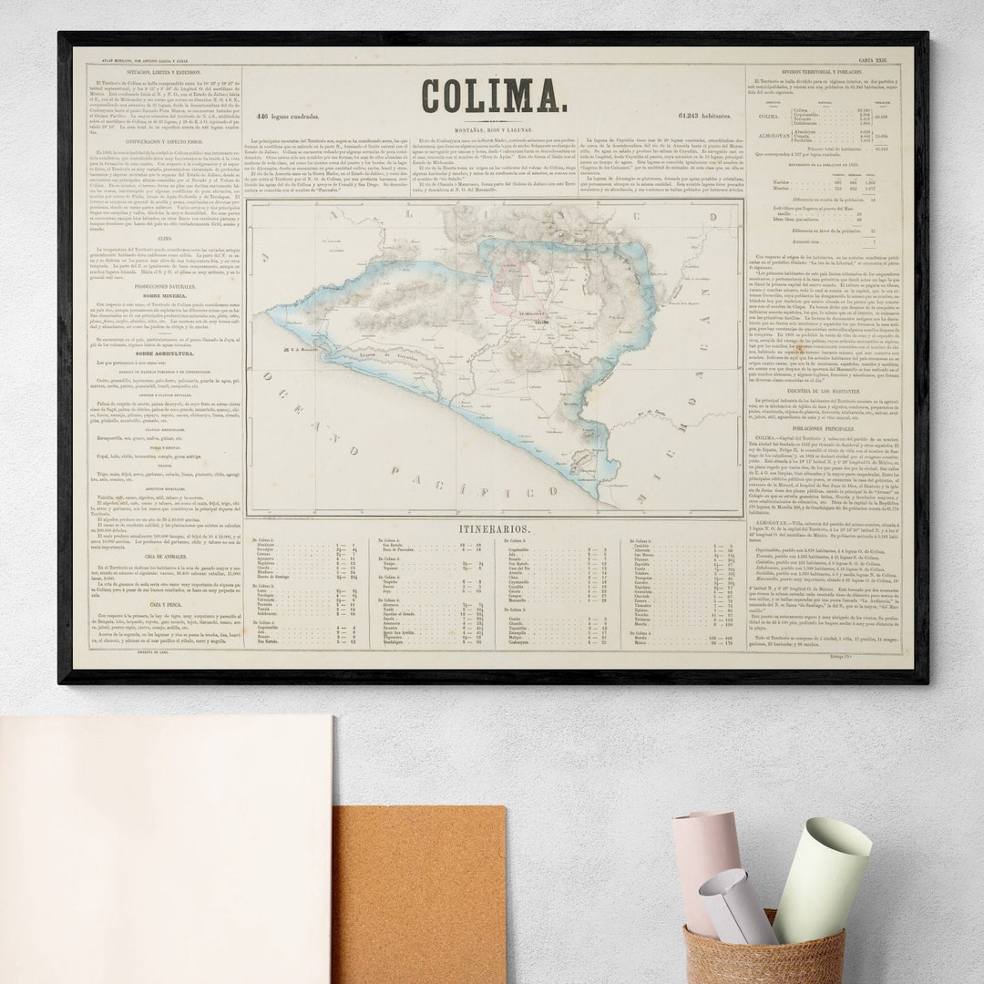 1858 Map of the Mexican State of Colima Mexico Old Antique Historical ...