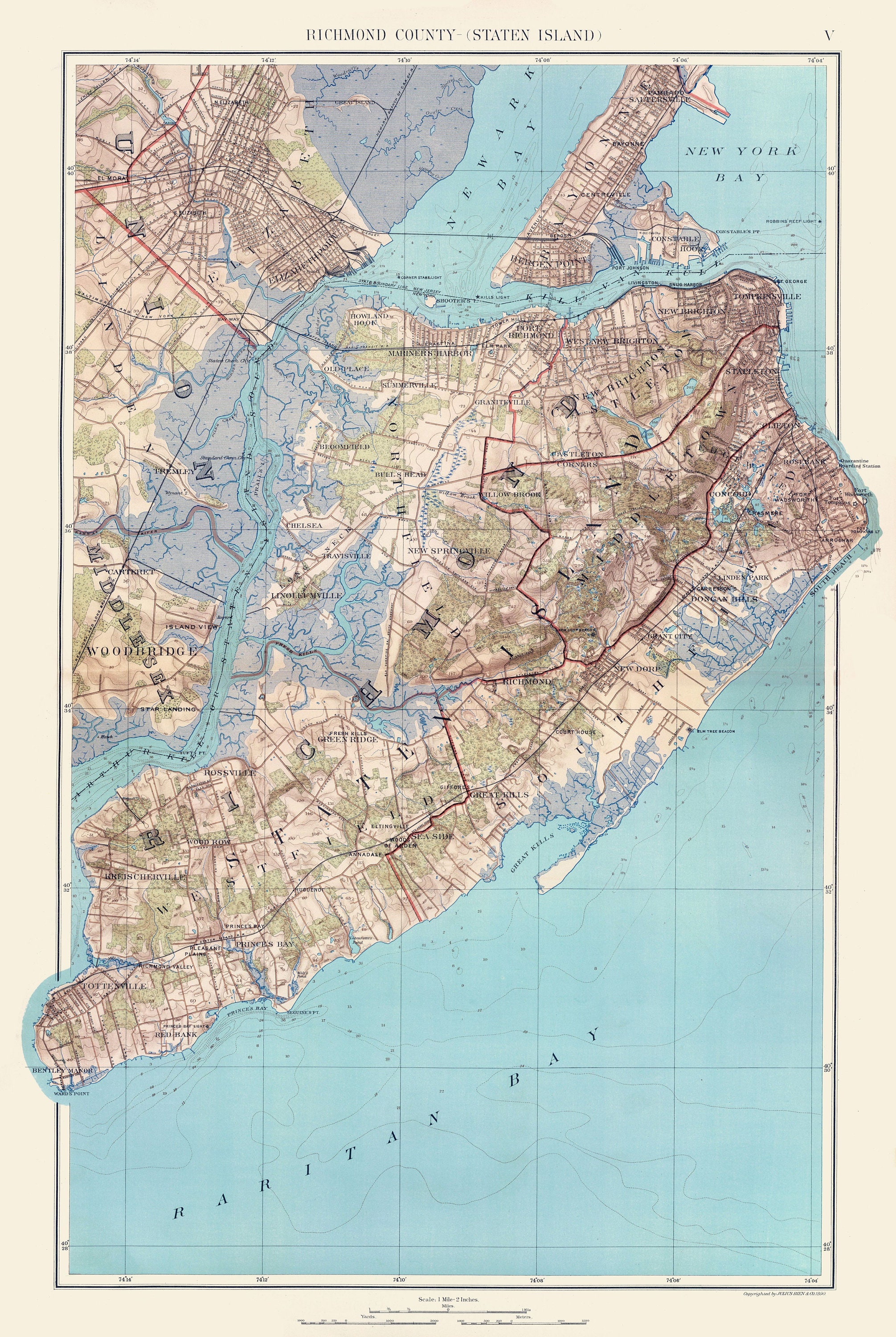 1891 Map of Richmond Staten Island Borough of New York Antique Vintage ...