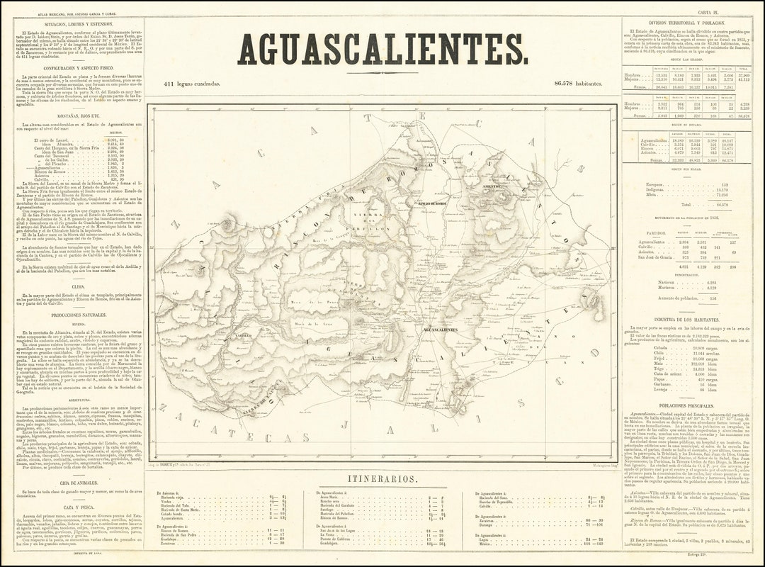1858 Map of the Mexican State of Aguascalientes Mexico Decor Old ...