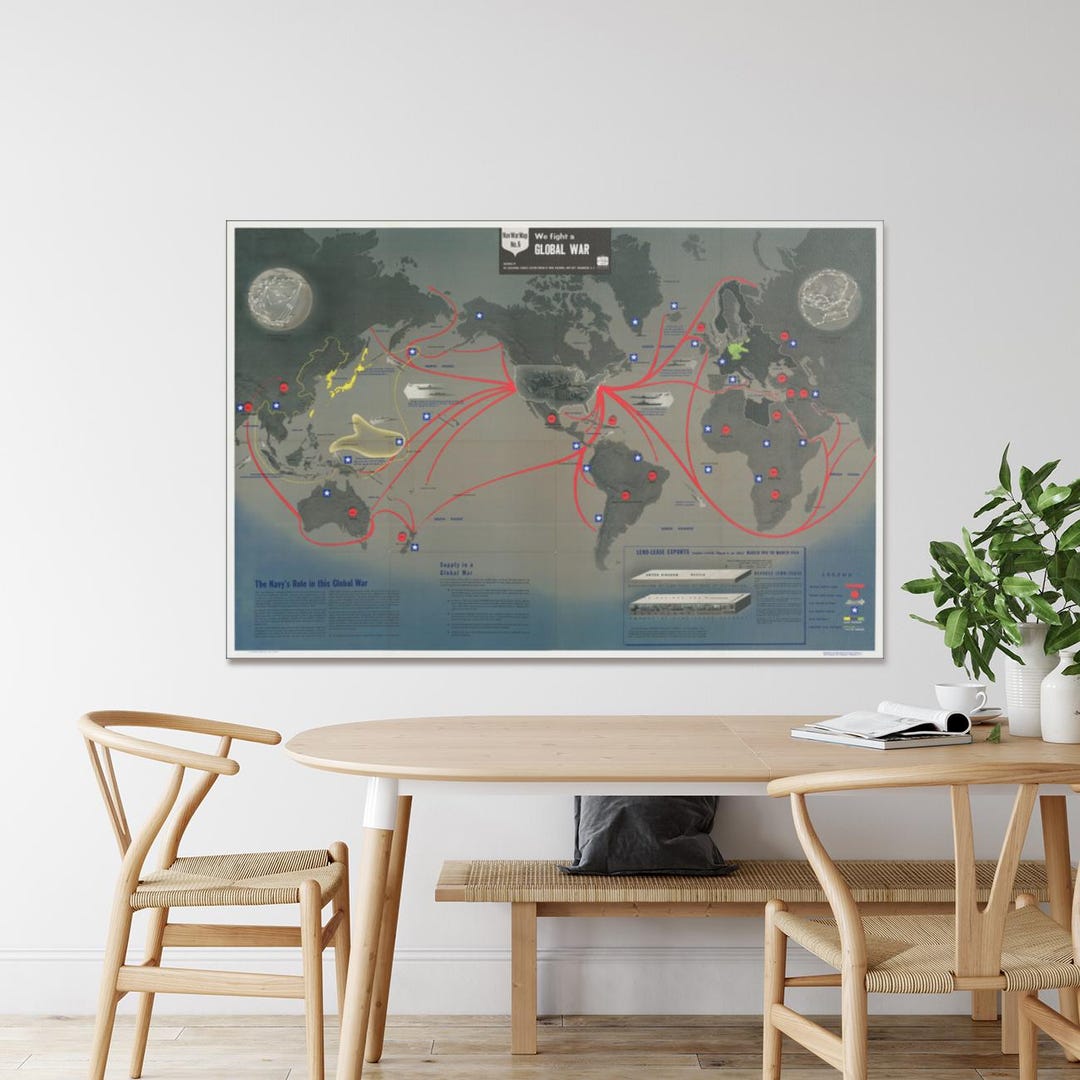 1944 Pictorial Navy Warfare Map of the World World War 2 WW2 Naval ...