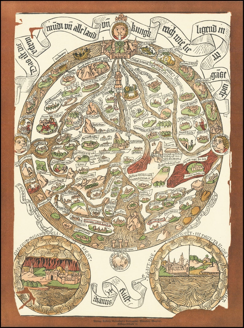 1480 Mappa Mundi medieval Mapa del mundo bíblico Geografía de la tierra ...