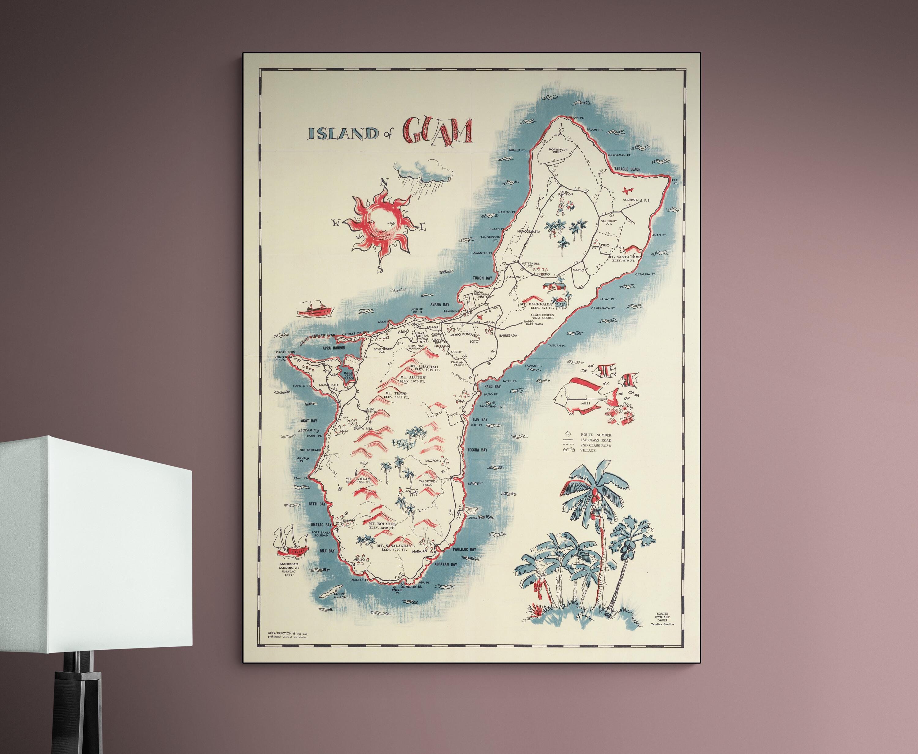 Pictorial Road Map of Guam – Illustrated Island Map Showing Villages ...
