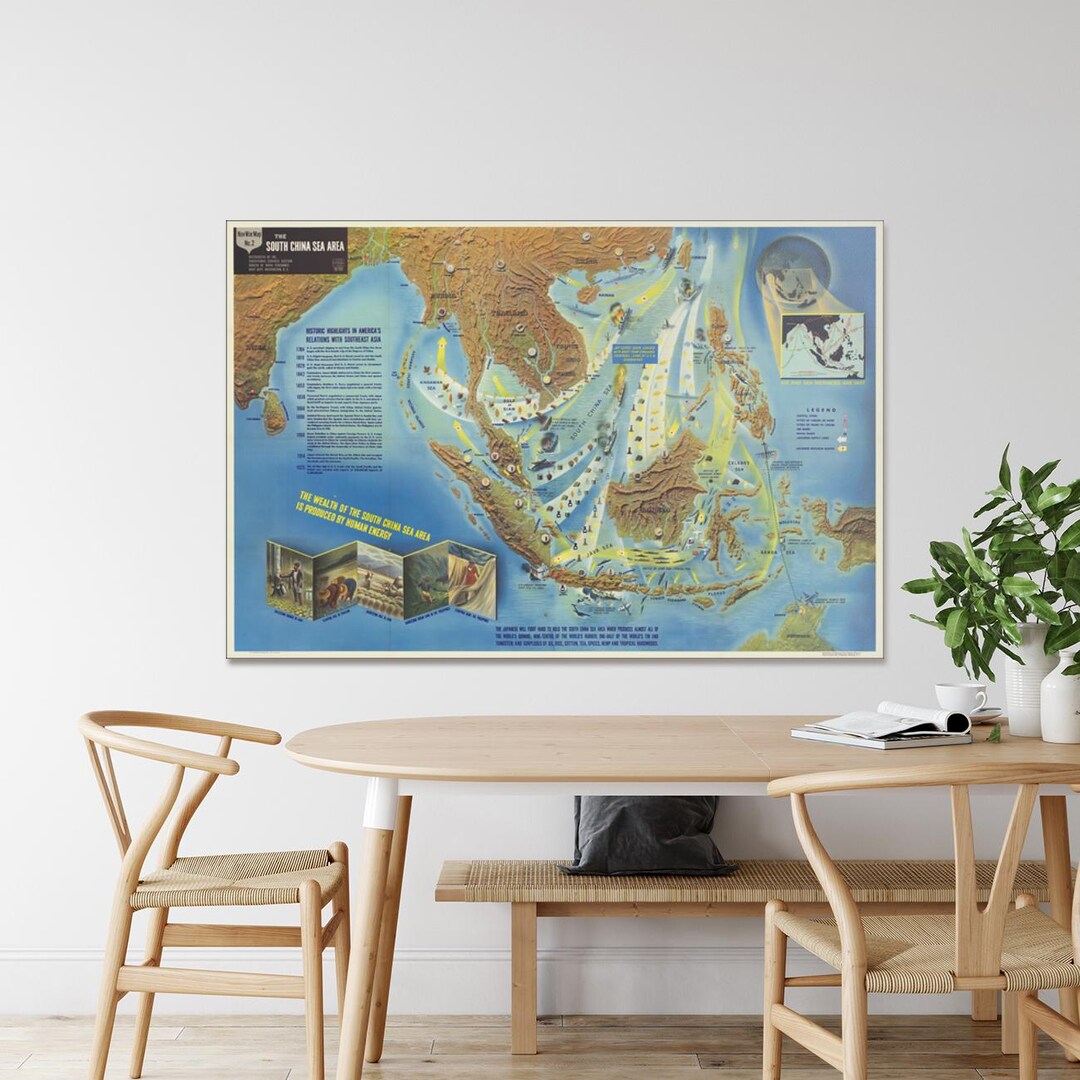 1944 Pictorial Navy Warfare Map of Southeast Asian Theater World War 2 ...