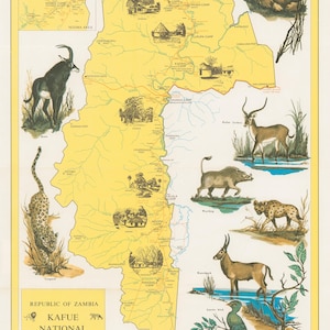 1968 Map of Kafue National Park Zambia Africa Historical African ...