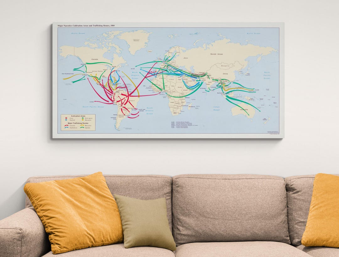1989 CIA Narcotics Cultivation and Trafficking World Map War on Drugs ...
