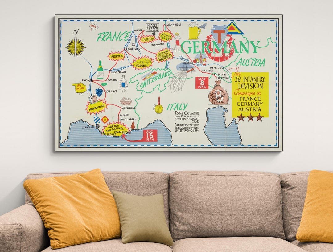 1945 Pictorial Map of the 36th Infantry Division – WWII Campaign in ...