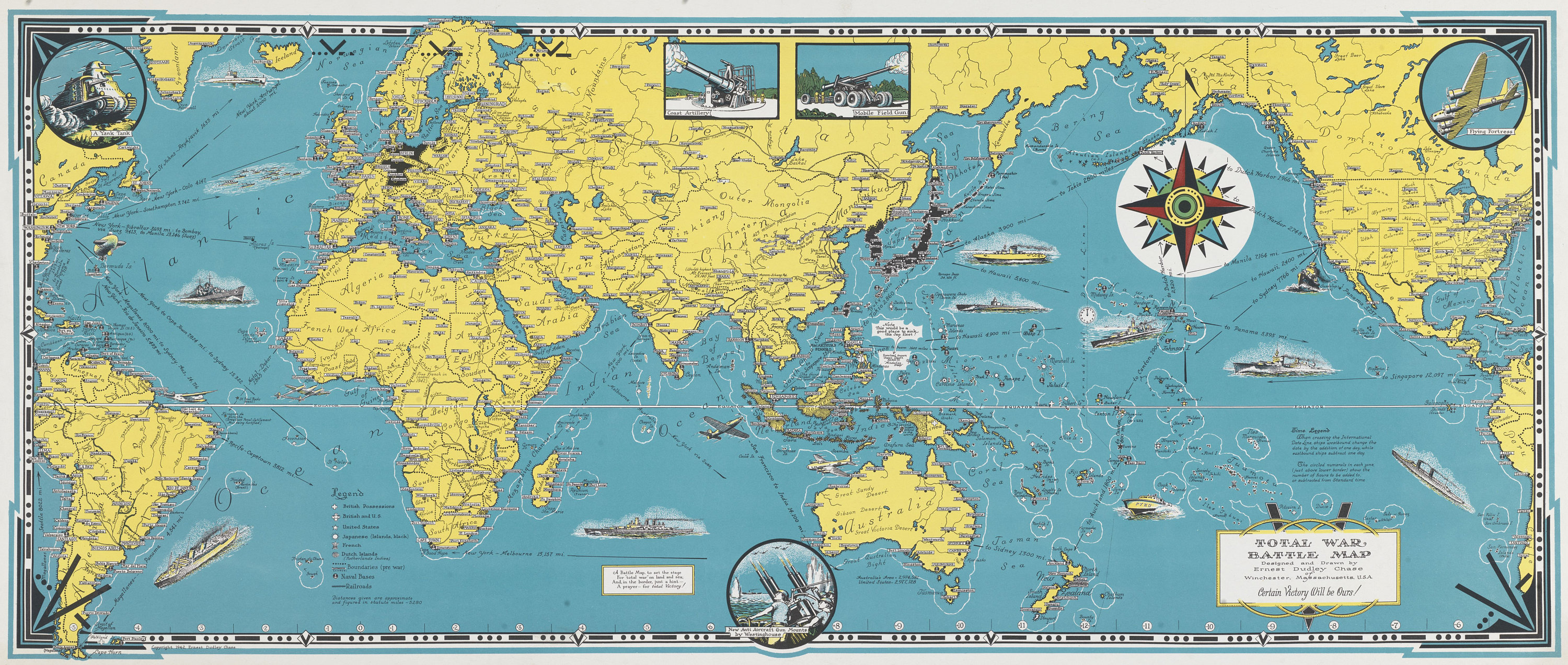 1942 Total War Panoramic World Map WW2 World War 2 Allies Axis Powers ...