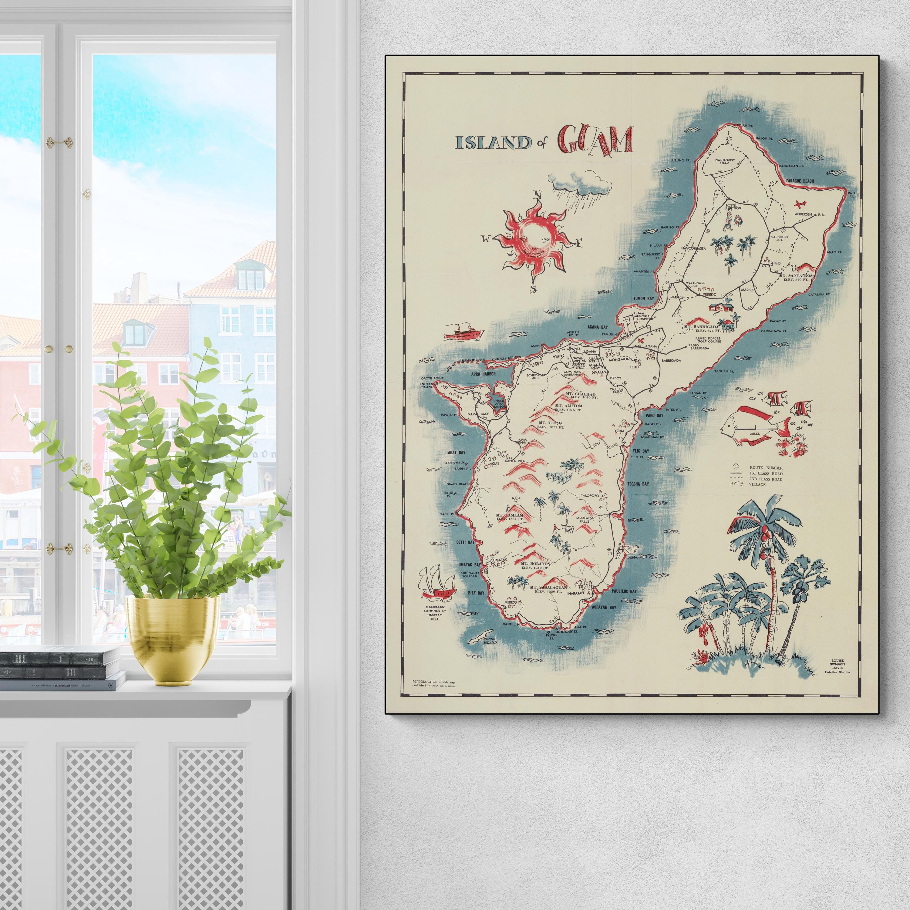 Pictorial Road Map of Guam – Illustrated Island Map Showing Villages ...