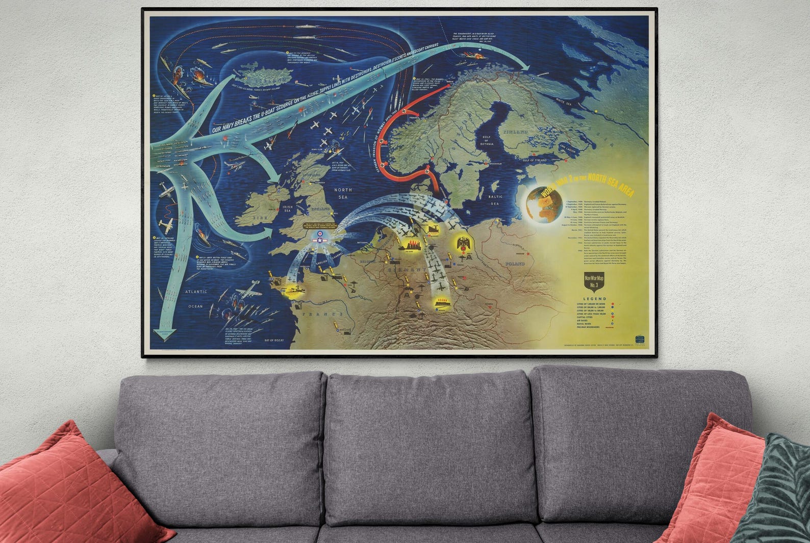 1944 Pictorial Navy Map of the North Atlantic and Western European ...