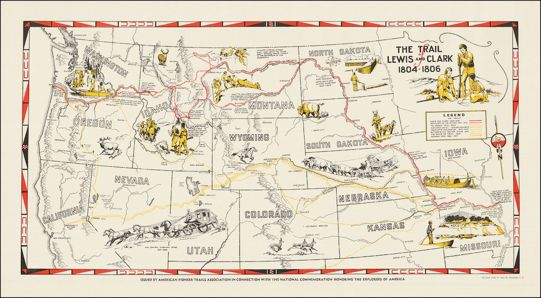Pictorial Map of Lewis and Clark's Expedition Old Wild West American ...