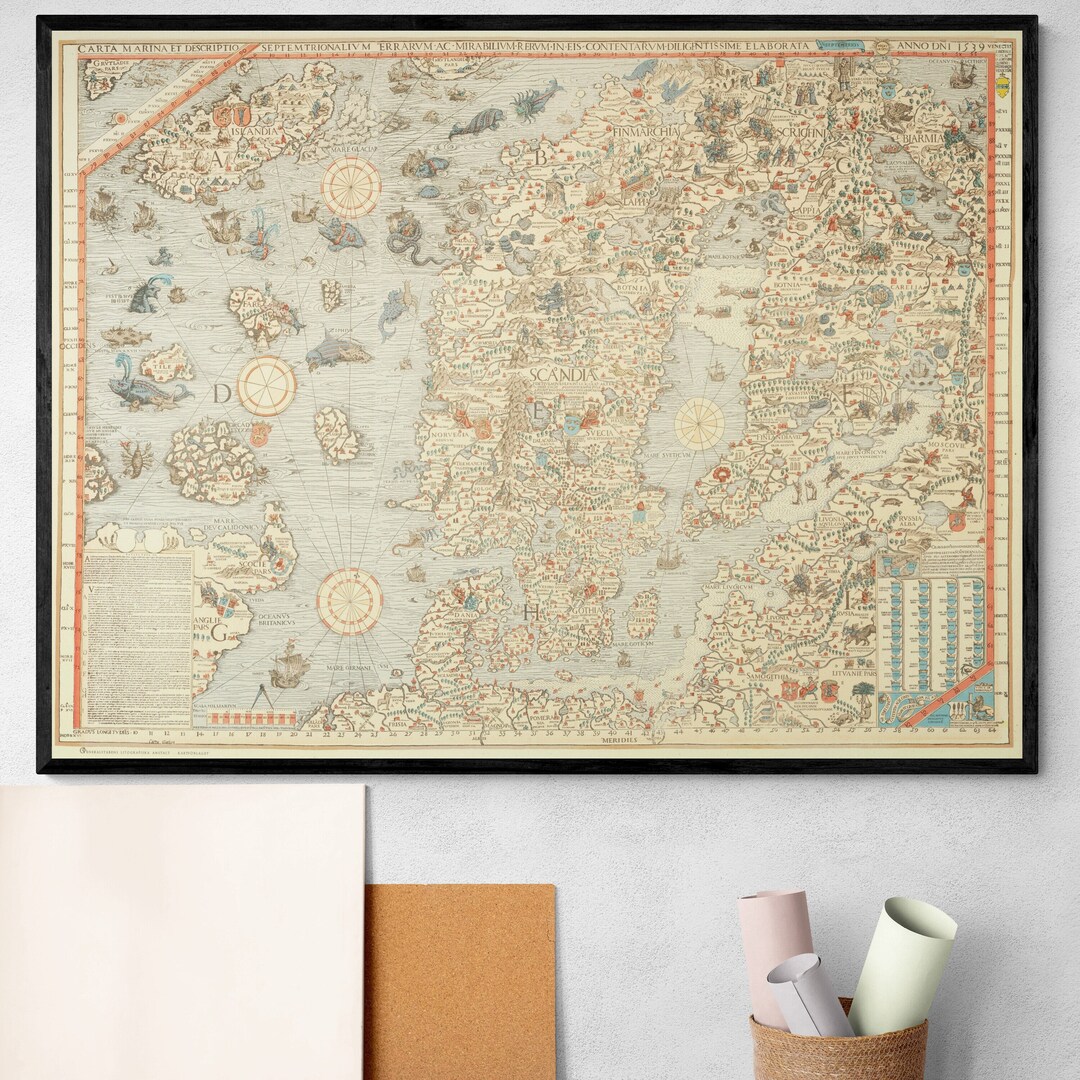 1539 Olaus Magnus Sea Monster Map of Scandinavia Sweden Denmark Finland ...