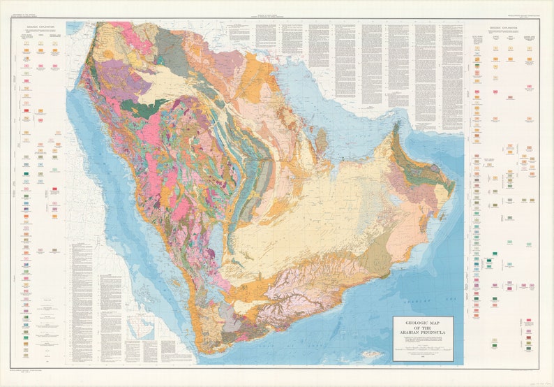 Geological Oil Natural Gas Map of Arabian Peninsula Bahrain Kuwait Oman ...