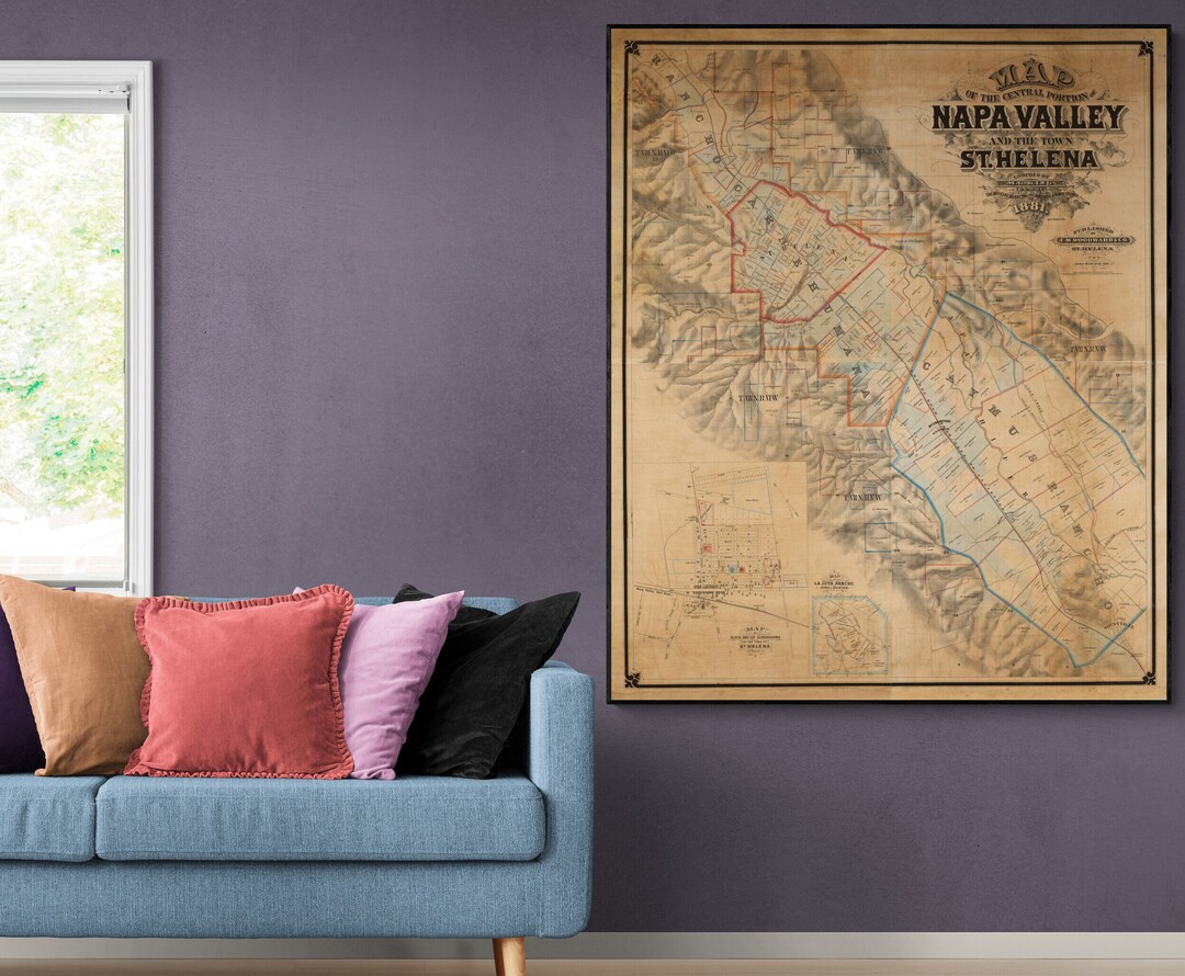 1881 Earliest City Plan Wine Region Map of Napa Valley County ...