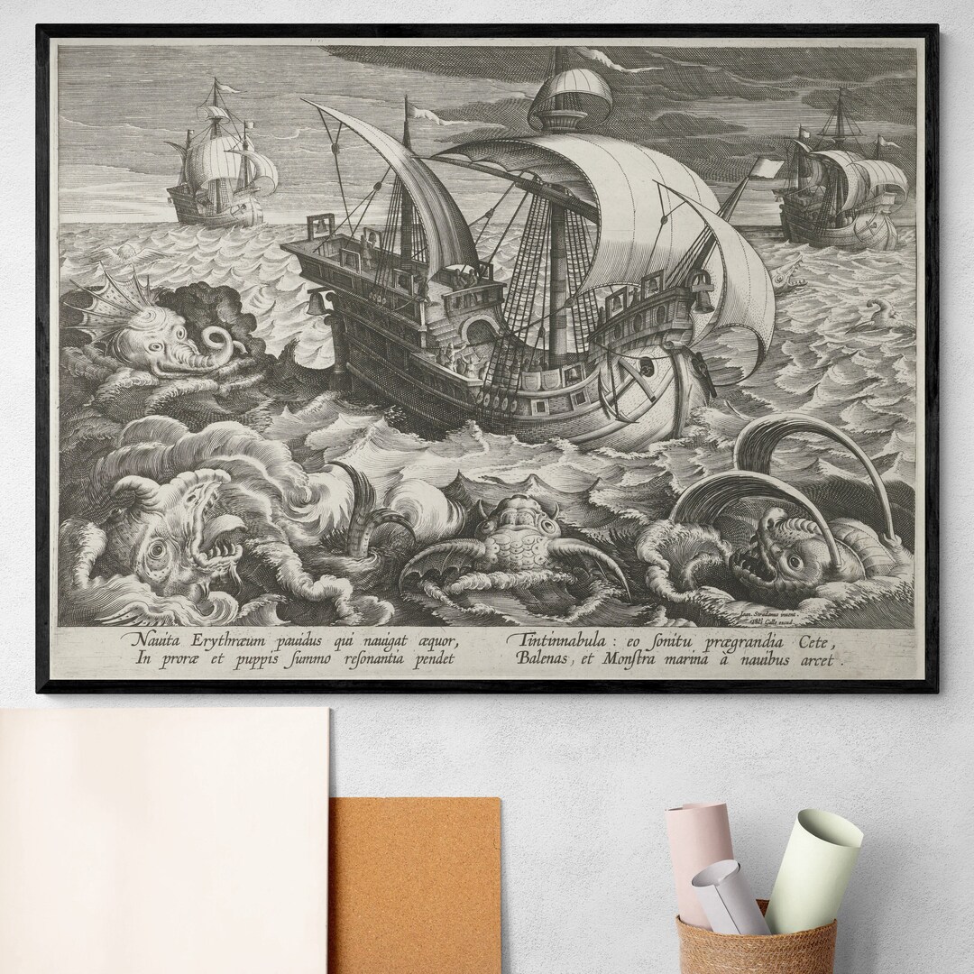 16th Century Engraving of Pirate Buccaneer Sailor Ship Surrounded by ...