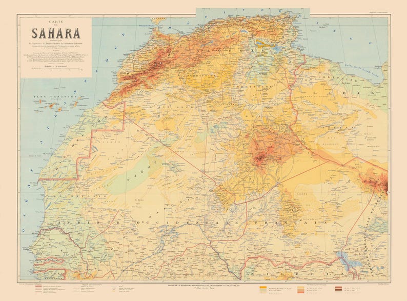 1925 Map of the Sahara Desert North African Geography Antique ...