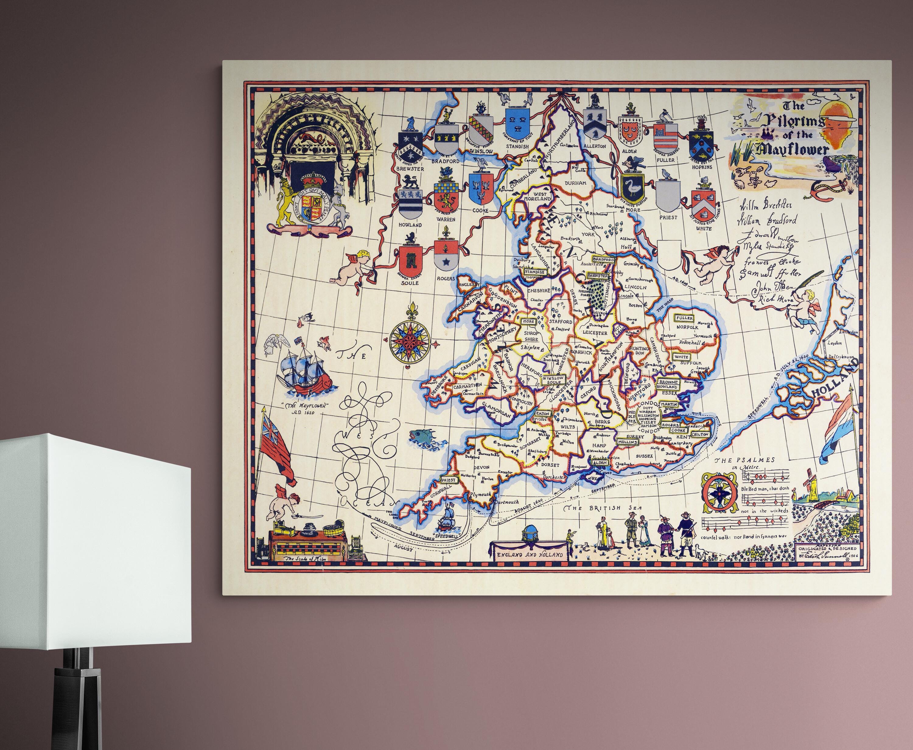 Pictorial Map of Mayflower Pilgrims – Historical Names, Settlements ...