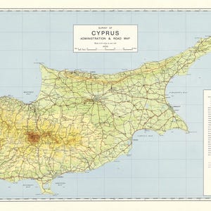1971 Map of Republic of Cyprus Historical Mediterranean Cartography World History Cypriot Decor ...