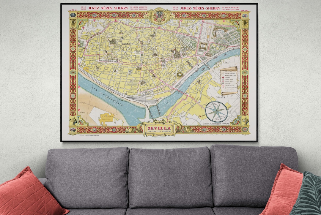 Pictorial Map of Seville Spain Historical European Cartography Spanish ...