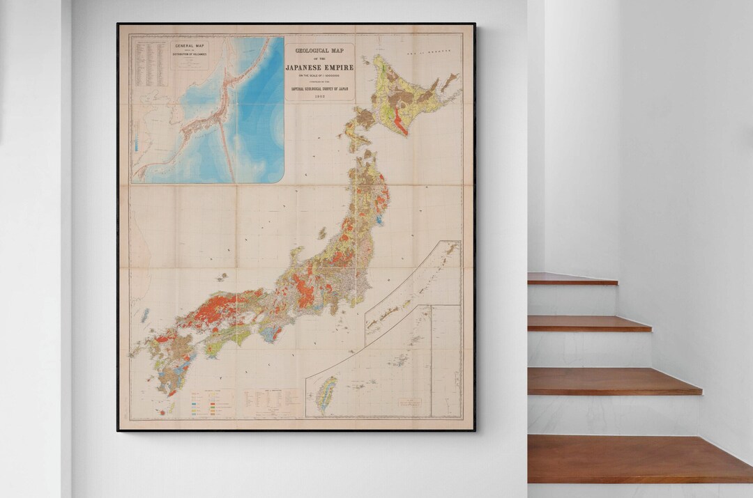 1902 Geological Wall Map of Japan Empire History Antique Geology ...