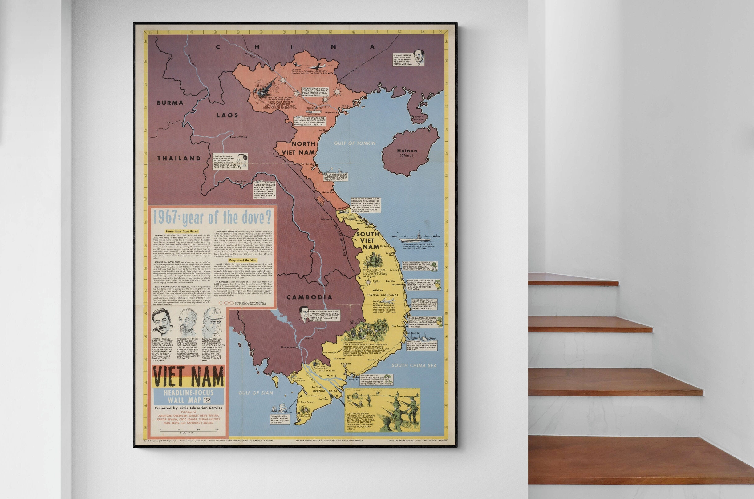 1967 Pictorial Map of the Vietnam War Conflict Antique Vintage Military ...