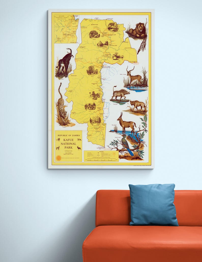 1968 Map of Kafue National Park Zambia – Pictorial Safari Map Showing ...