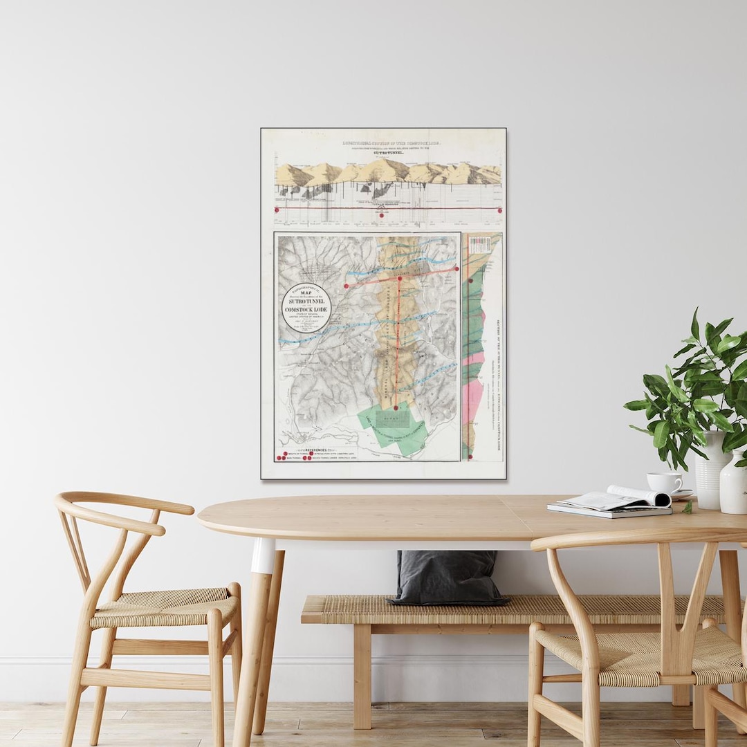 1870 Mining Map of Comstock Lode and Sutro Tunnel Virginia City Nevada ...