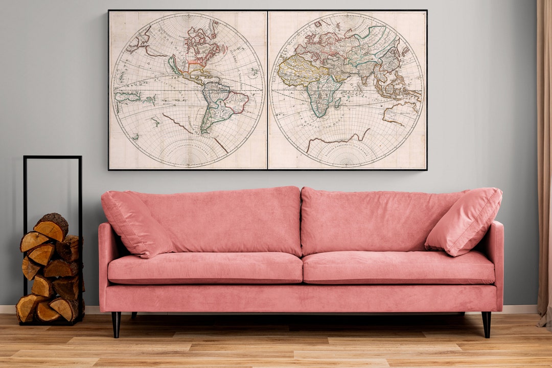 1682 Double Hemisphere Wall Map of the World Antique Historical ...