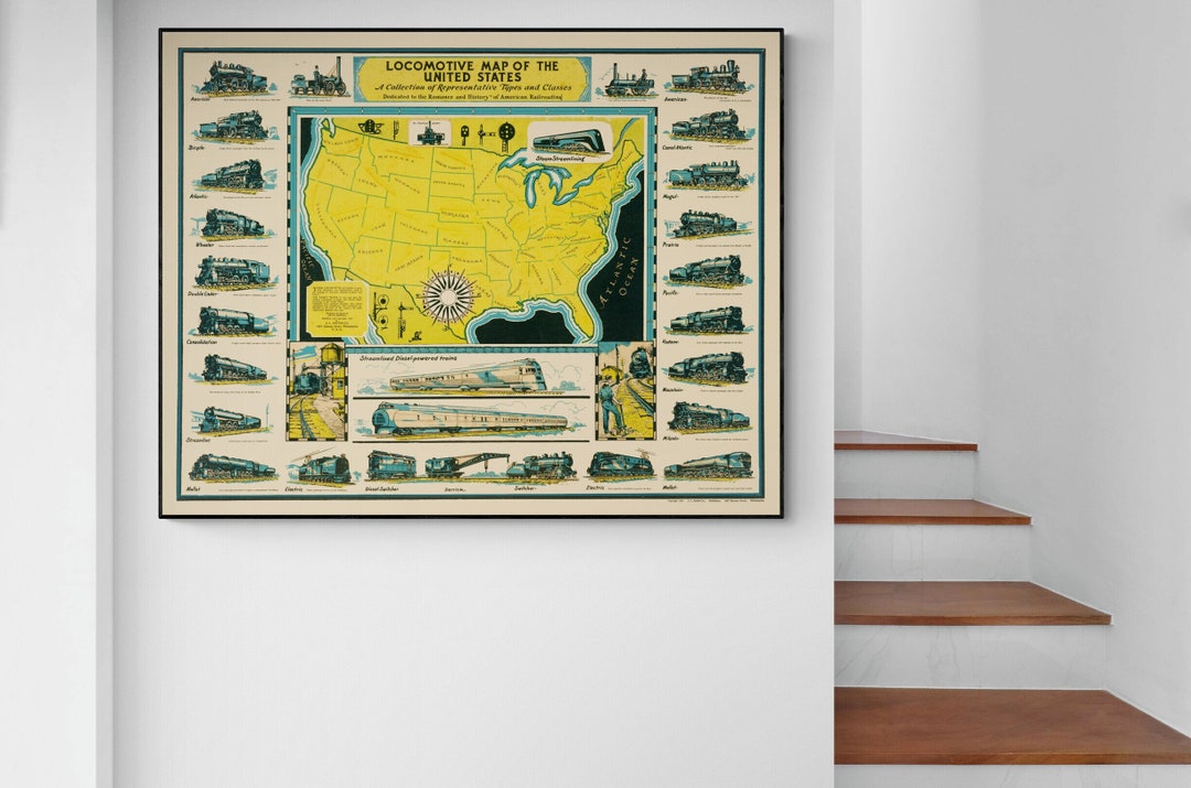 1935 Locomotive Map of the United States Antique US Cartography ...