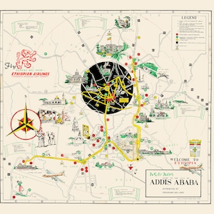 1962 Map of Addis Ababa Capital City of Ethiopia Africa Ethiopian North ...