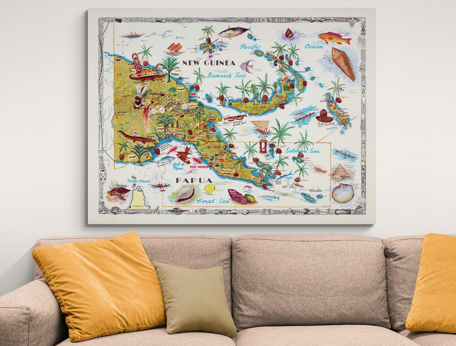 1964 Pictorial Map of Papua New Guinea – Tribal Regions, Wildlife ...