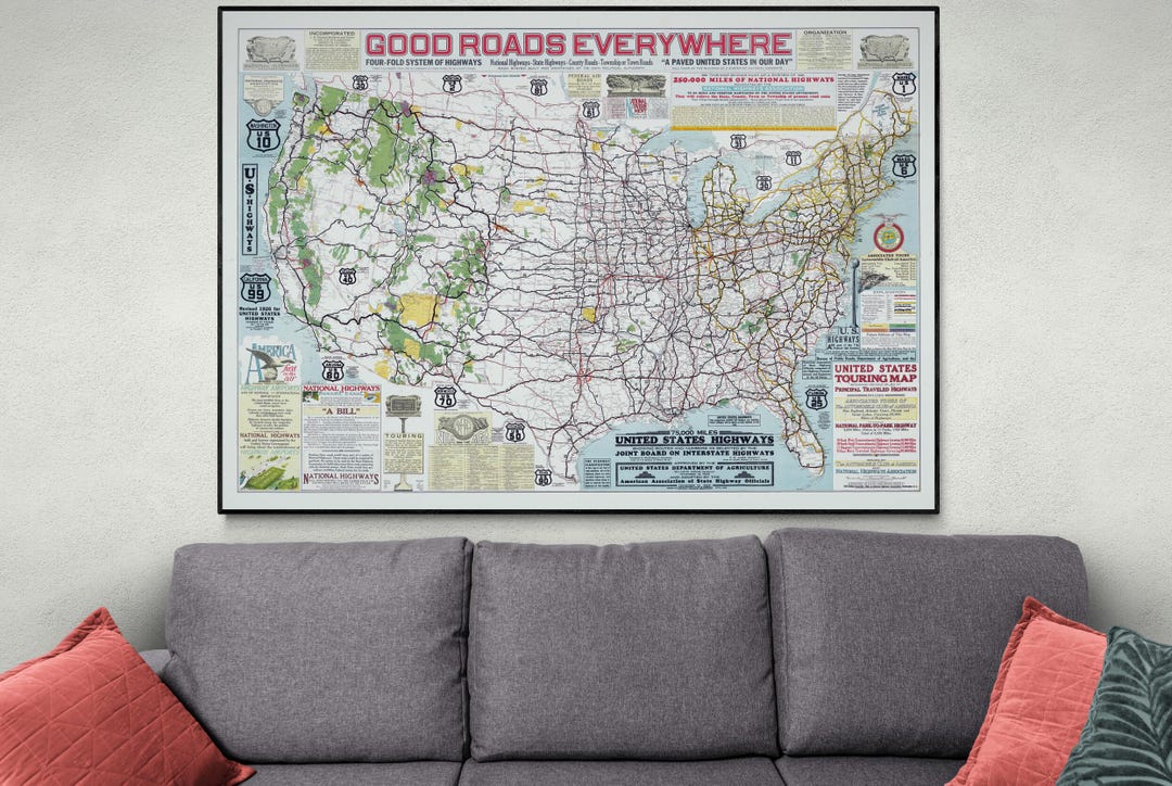 1925 Highway Road Route Map of the United States Historical American ...
