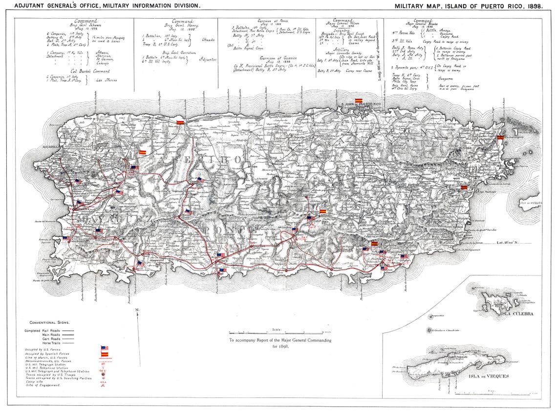 1898 Military Map of Puerto Rico Historical Caribbean Geography Puerto ...