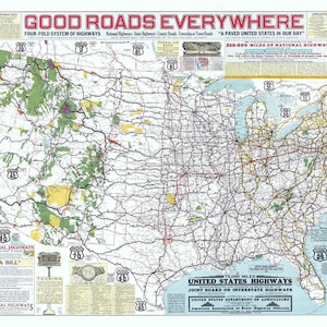 1925 Highway Road Route Map of the United States Historical American ...