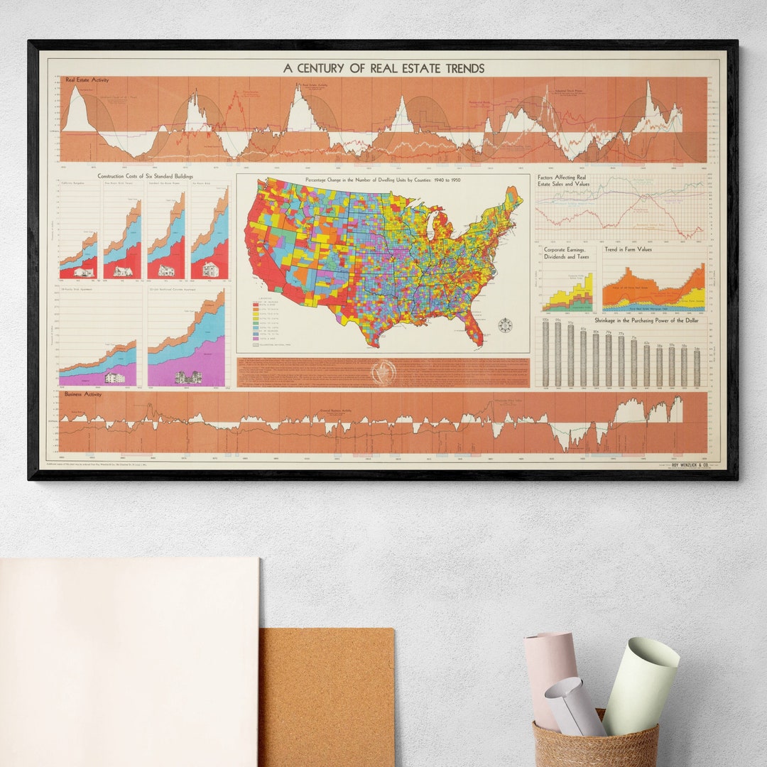 Real Estate Statistics Map of the USA Office Decor Old Antique Vintage ...