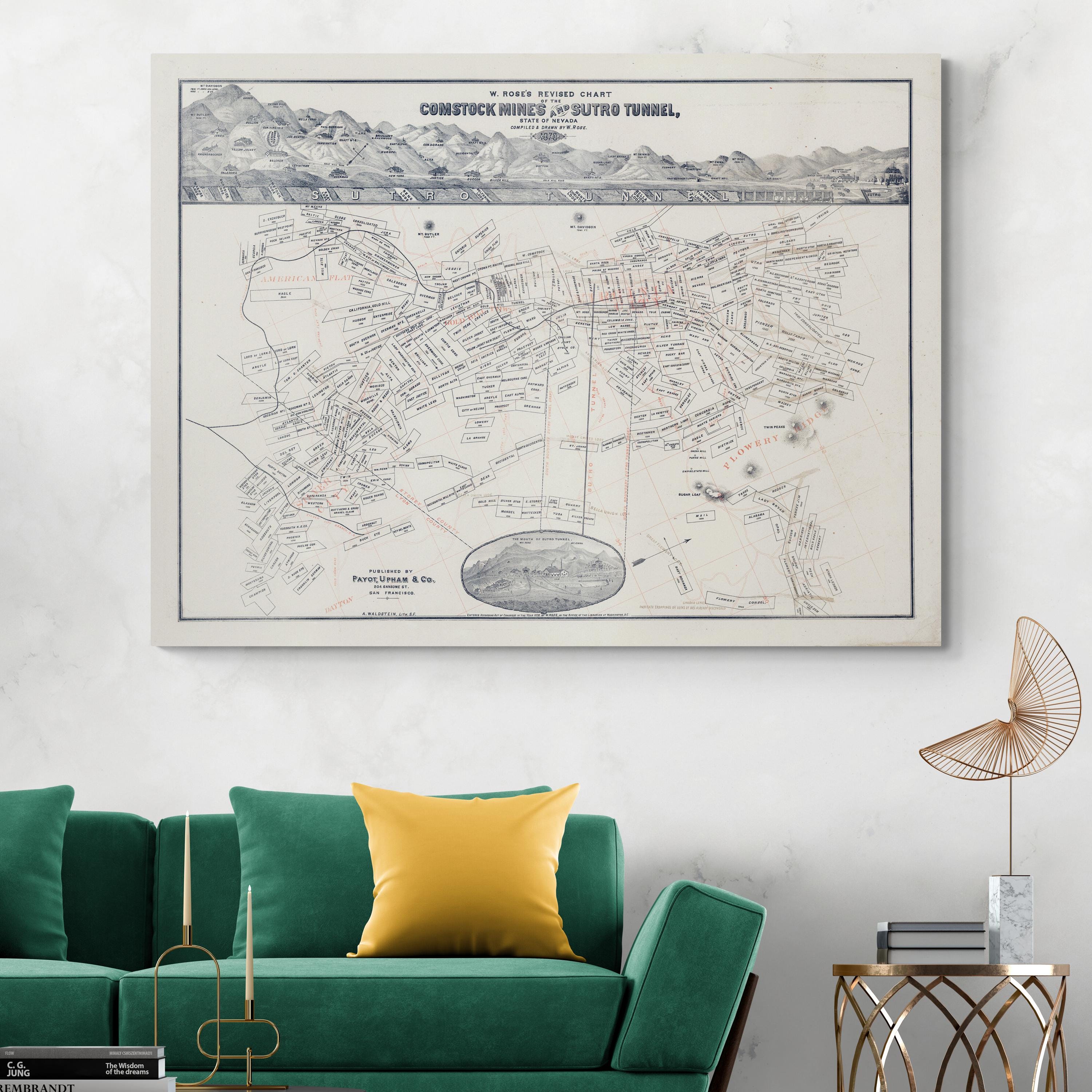 1878 Map of Comstock Lode and Sutro Tunnel Virginia City Nevada ...