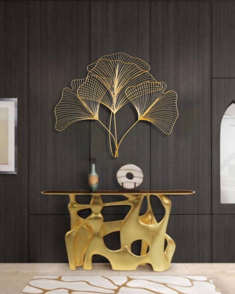 2d Metal Golden Ginkgo Flower Wall Hanging, Golden Metal Ginkgo Leaves ...