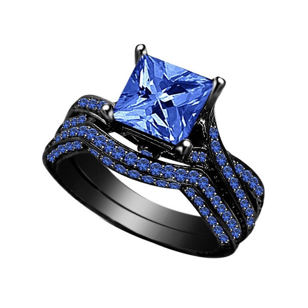 Blue Sapphire Princess Cut Sterling Silver Bridal Ring Set - Etsy