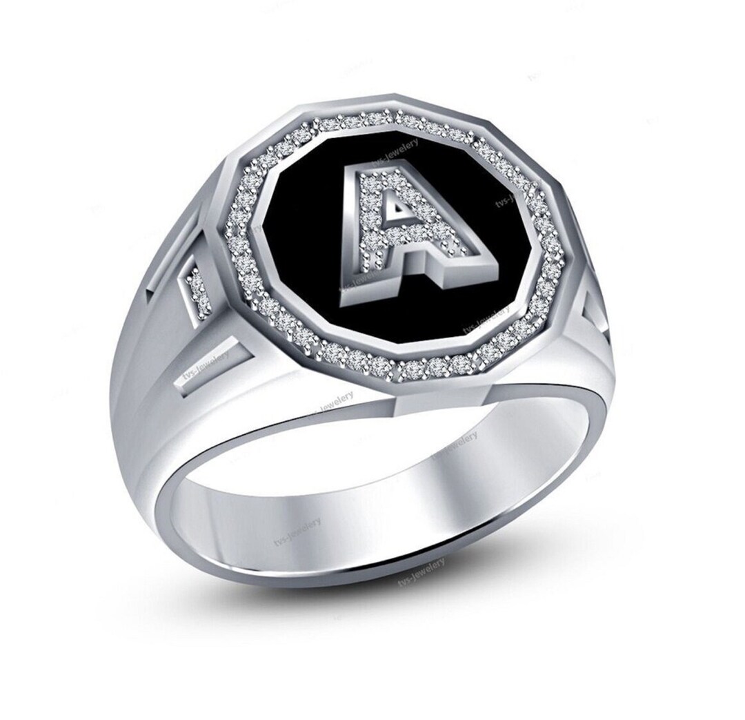 Men's Enamel Alphabet Pinky Ring, White Gold Plated 925 Silver Ring for ...