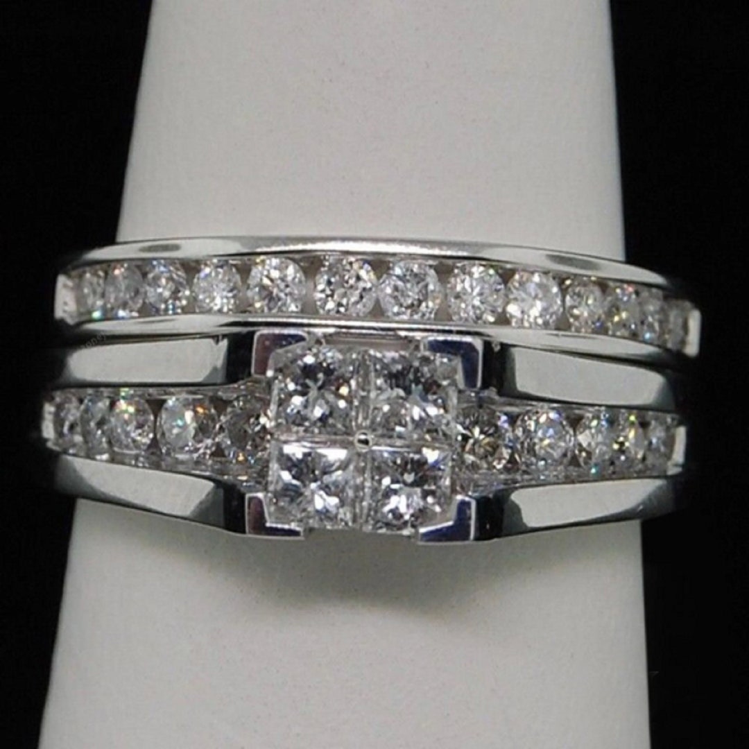 Princess Cut CZ Diamond Engagement Ring Set, Channel Set Accents Ring ...